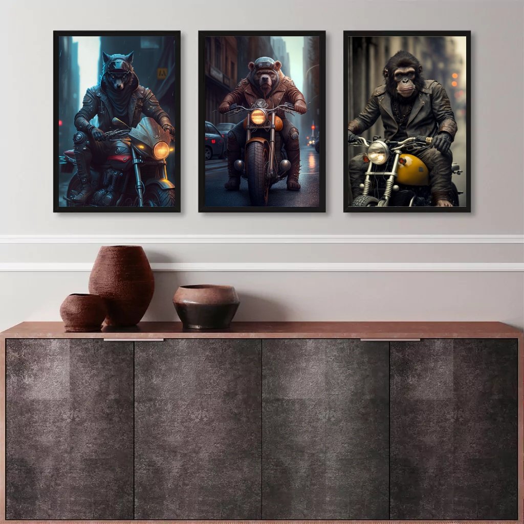 Kit 3 Quadros Motoqueiros Animais 45x34cm - com Vidro:madeira Branca ...