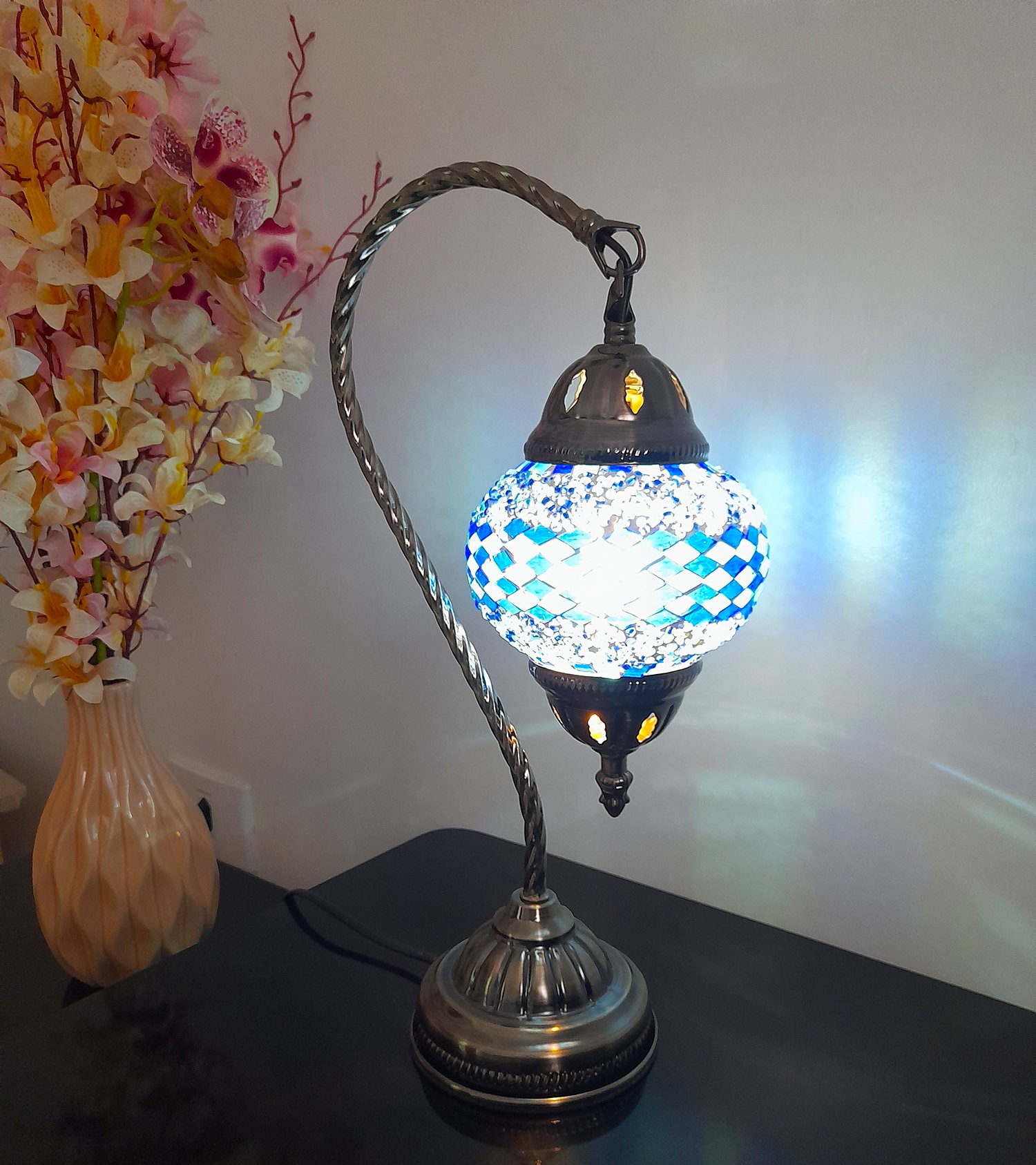 Abajur Turco Mosaico Metal E Vidro Vitral Azul Bivolt 40 cm ...