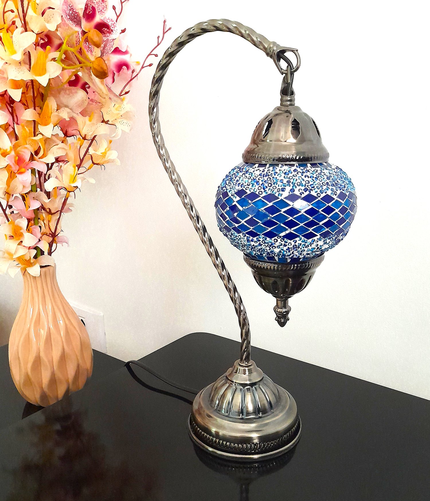 Abajur Turco Mosaico Metal E Vidro Vitral Azul Bivolt 40 cm ...