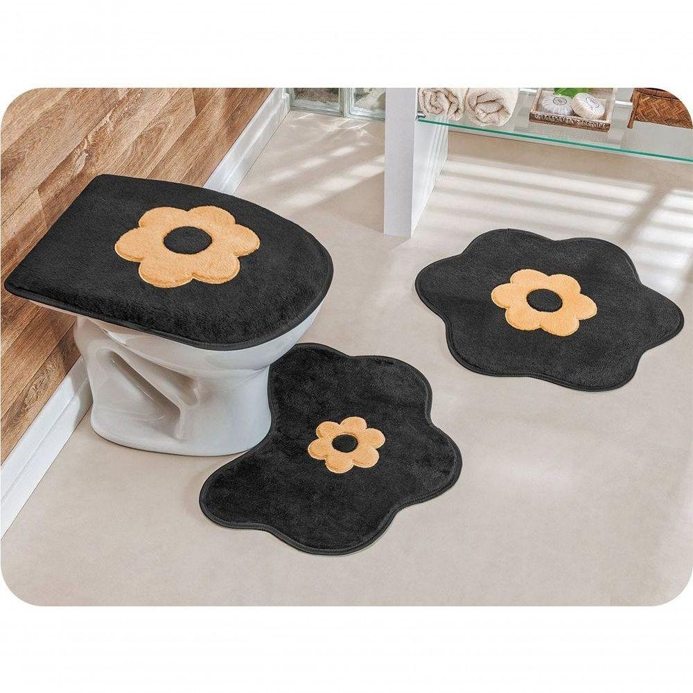 Jogo Tapete Capachos Banheiro Kit 03 Peças Margarida Preto | MadeiraMadeira