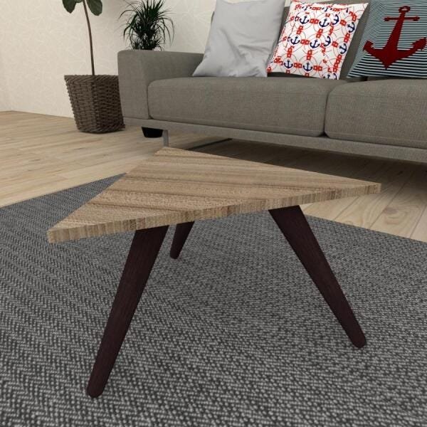 Mesa de Centro triangular em mdf amadeirado escuro com 3 pés inclinados ...