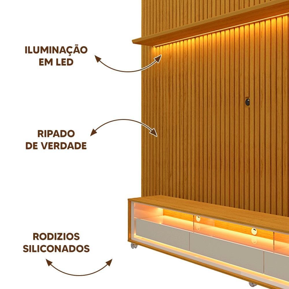 Rack com Painel Ripado para TV até 85 Polegadas LED 3 Gavetas com Rodízios 230cm Gelius Naturale ...