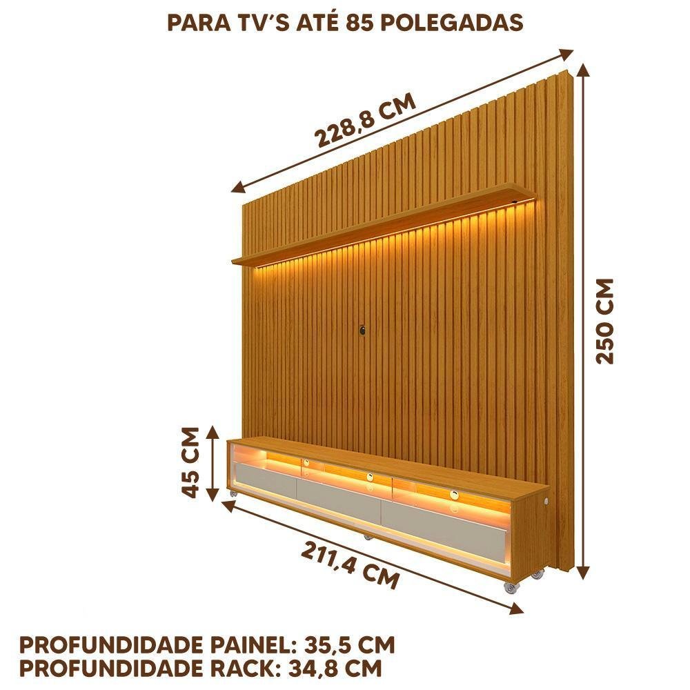 Rack com Painel Ripado para TV até 85 Polegadas LED 3 Gavetas com Rodízios 230cm Gelius Naturale ...