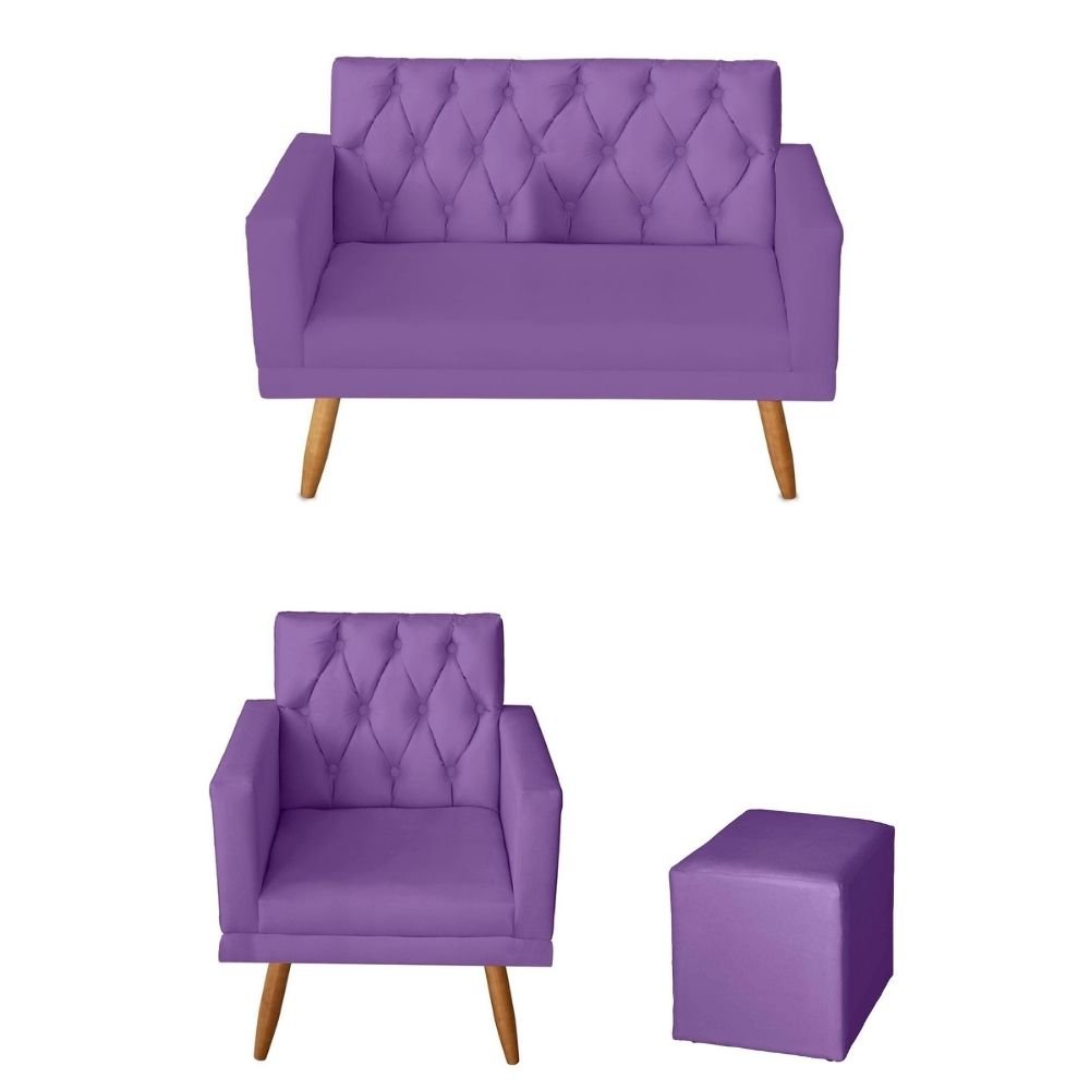 Kit Sofá 2 Lugares e Poltrona para Sala Bianca Capitonê Rodapé e Puff ...