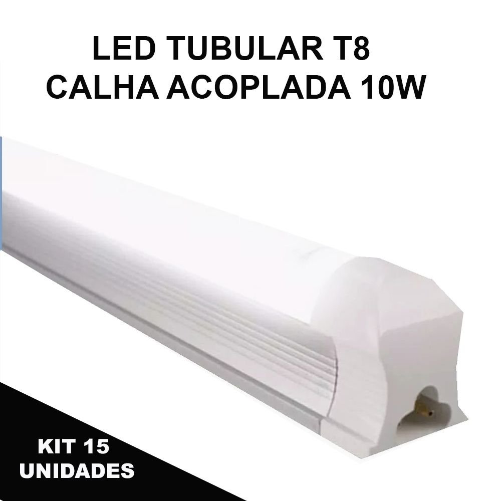 Kit 15 Lâmpada Tubular Led T8 Com Base Acoplada Bivolt 60cm Branco Frio 6000k 10w | MadeiraMadeira