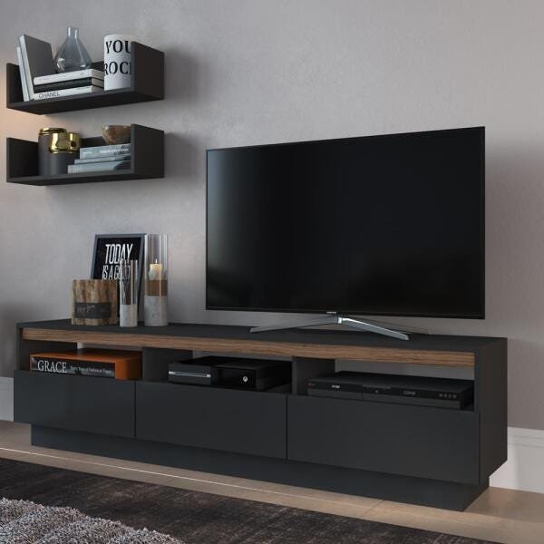 Rack Br106 para TV até 60 Polegadas 3 Portas Crm Preto/Madeirado ...