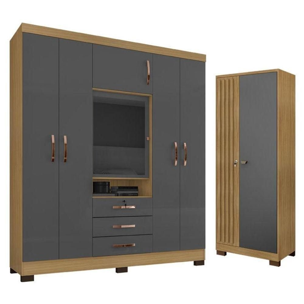 Guarda Roupa Casal Imperial com Armário Multiuso Versátile Carvalho Americano Grafite ...