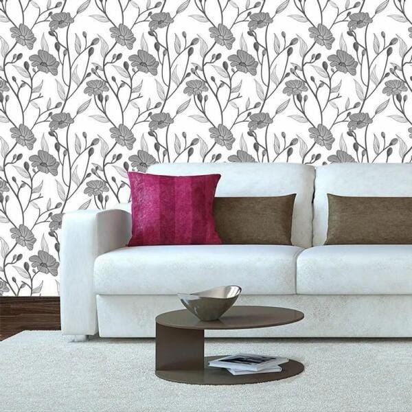 Papel Parede Floral Flores Cinza Adesivo Quarto Casal Sala | MadeiraMadeira