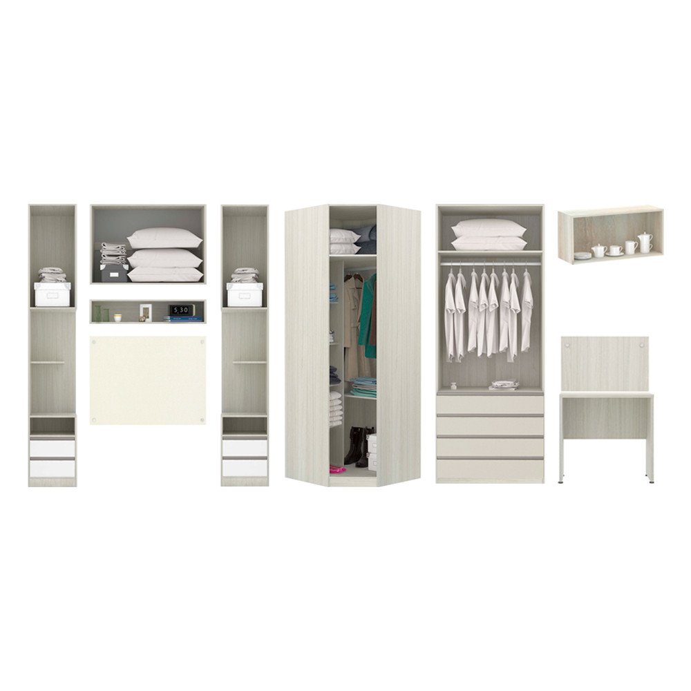 Guarda Roupa Solteiro de Canto com Espelho e Escrivaninha Legno Crema ...