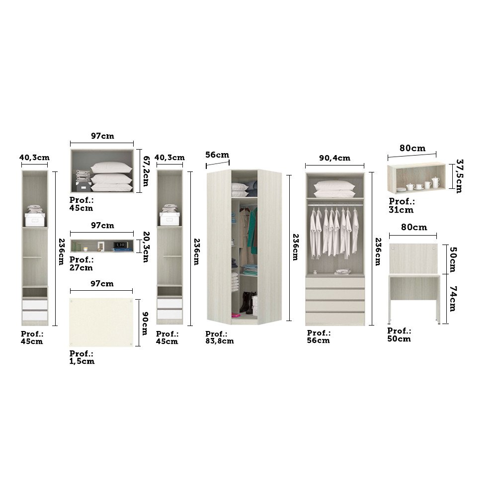Guarda Roupa Solteiro de Canto com Espelho e Escrivaninha Legno Crema ...