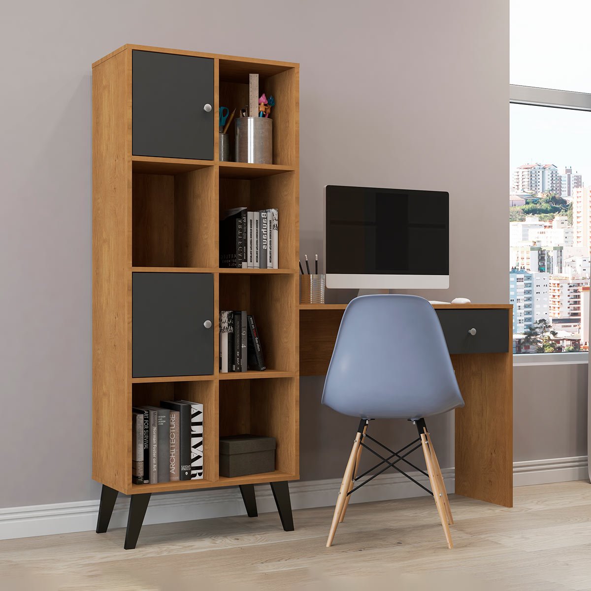 Escrivaninha com Estante Nicho 150 Cm Pés Retrô MDP Carvalho Cinza 0663 ...