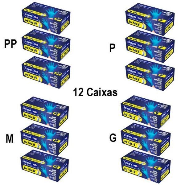 Kit 12 Cx 100 Unid Luva Nitrílica sem Pó Tam Pp/P/M/G 1200U ...