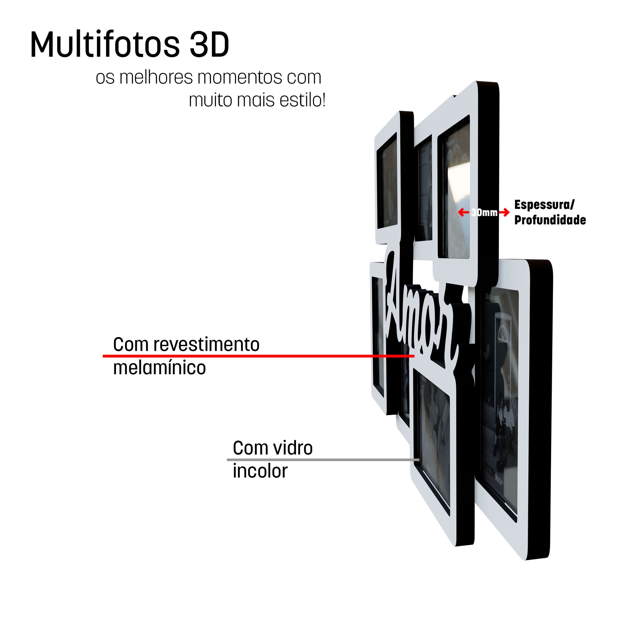 Quadro 3D Multifotos Amor Presente Namoro Especial Premium:Branco | MadeiraMadeira