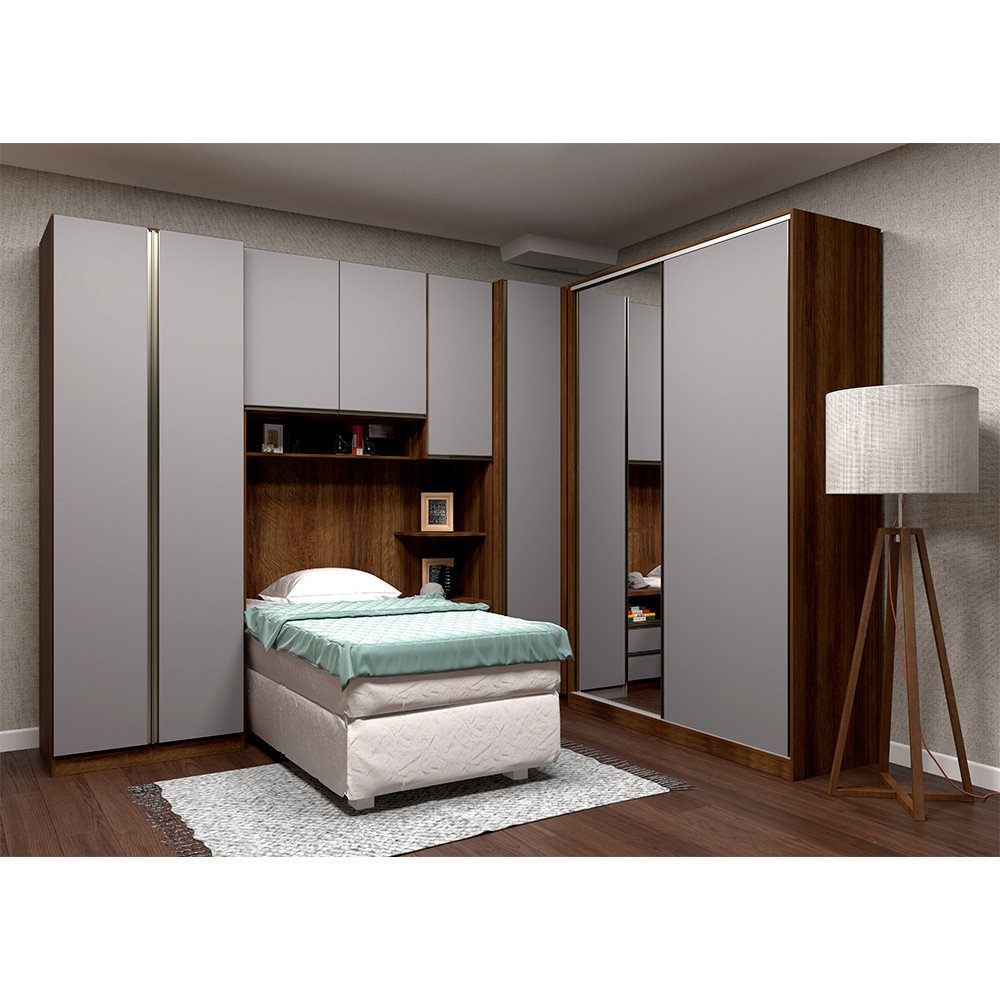 Guarda Roupa de Canto Solteiro com Espelho Nogueira Dourado com Cinza ...