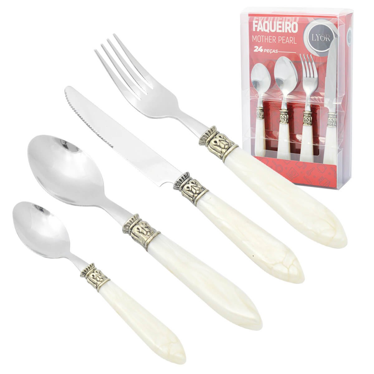 Faqueiro Mother Pearl Inox Luxo Cabo Branco Perolado 24 Peças ...