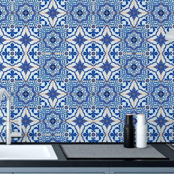 Papel Parede Adesivo Azulejo Cozinha Azul Retro Lavavél 10m ...