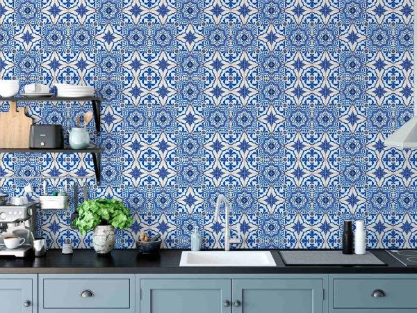 Papel Parede Adesivo Azulejo Cozinha Azul Retro Lavavél 10m ...