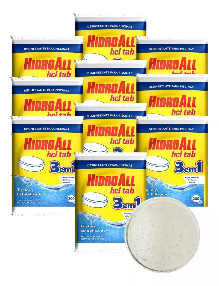 Kit 10 Tabletes Pastilhas de Cloro Hcl 3 em 1 200g Hidroall ...