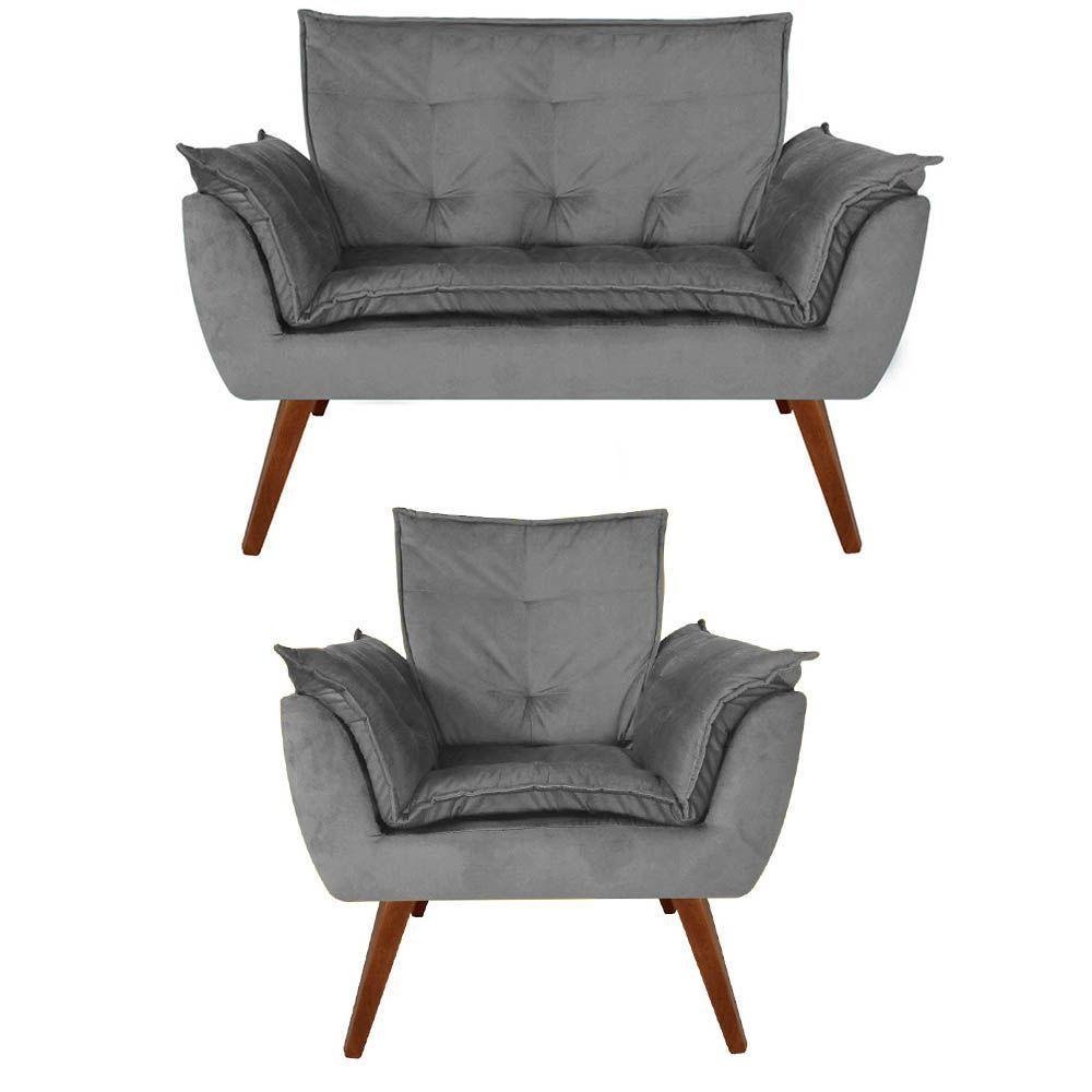 Kit Namoradeira + 1 Poltrona Decorativa Opalla Suede Cinza - Dominic Decor | MadeiraMadeira