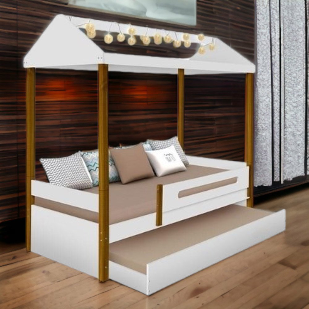 Cama Casa Solt. Lara Branco/Mel c/ Aux. e LED | MadeiraMadeira