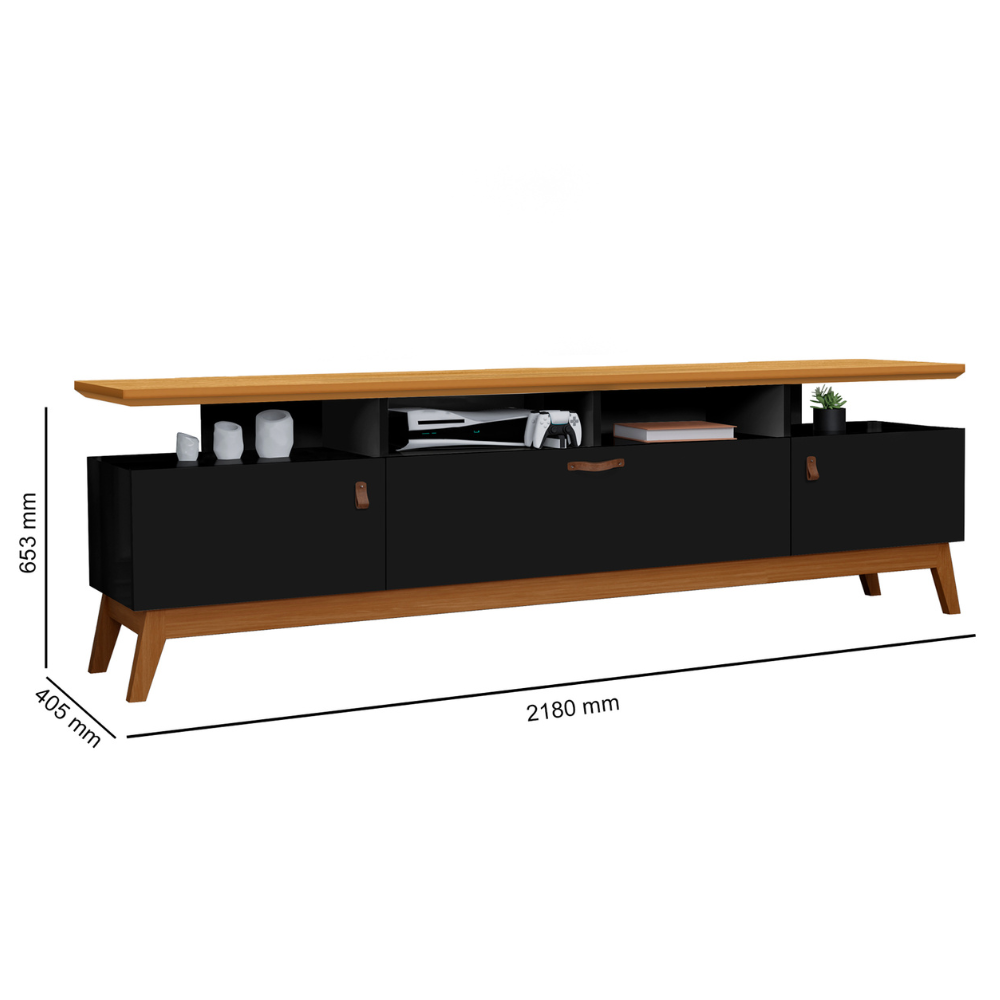 Rack Absolut 3 Portas Puxadores Couro 2,18 Pés Madeira Pinus Preto ...