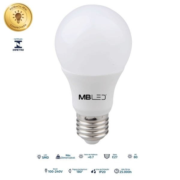 Kit 15 Lâmpadas Led Bulbo 12W Bivolt Branca Morna 3000K MBLED | MadeiraMadeira