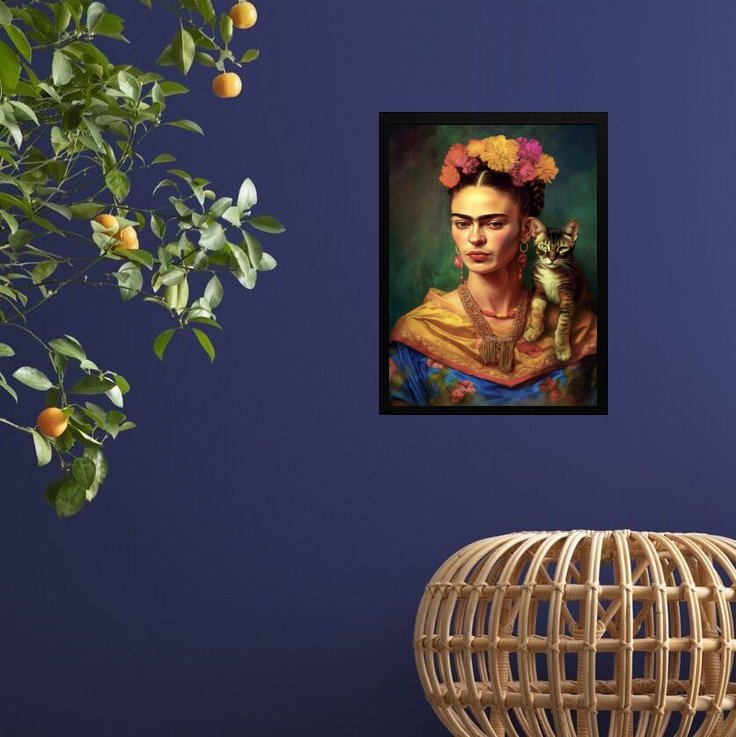 Quadro Frida e Seu Gato 24x18cm:madeira Preta | MadeiraMadeira