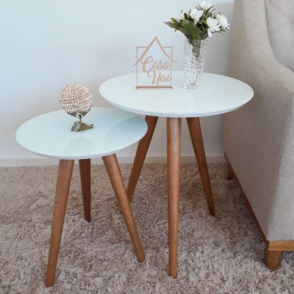 Conjunto Mesa De Canto Lateral Pé Palito Branca com Vidro 50/40 cm ...