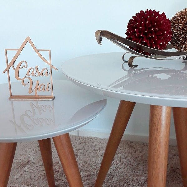 Conjunto Mesa de Canto Lateral Pé Palito Off White com Vidro 40/50cm ...
