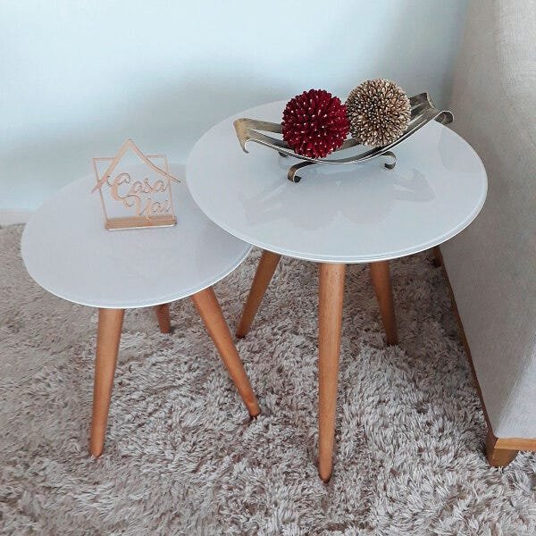Conjunto Mesa de Canto Lateral Pé Palito Off White com Vidro 40/50cm ...