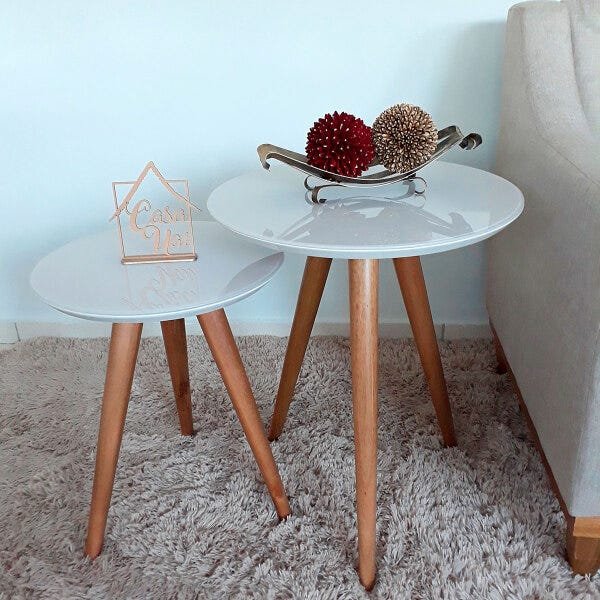 Conjunto Mesa de Canto Lateral Pé Palito Off White com Vidro 40/50cm ...