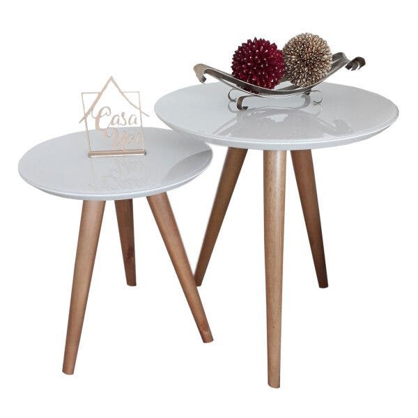 Conjunto Mesa de Canto Lateral Pé Palito Off White com Vidro 40/50cm ...