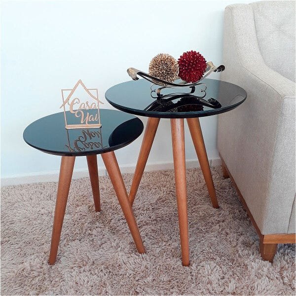 Conjunto Mesa De Canto Lateral Pé Palito Preta com Vidro 50/40 cm ...