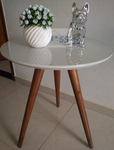 Mesa de canto tampo 40 cm off white com vidro pés 60 cm | MadeiraMadeira