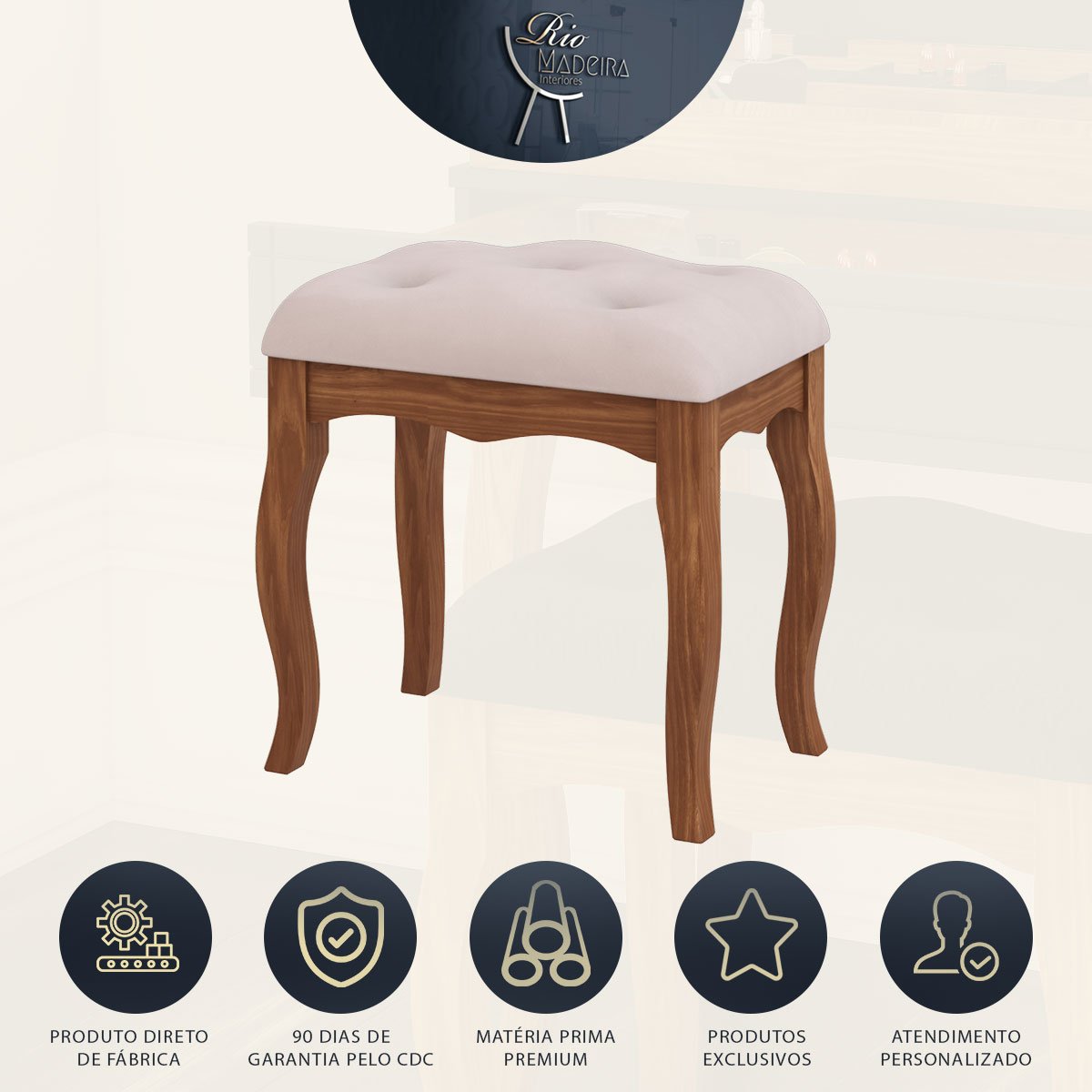 Banqueta Estofada Luna 50 Cm Pés Luiz XV Retrô Madeira Maciça - Rio ...