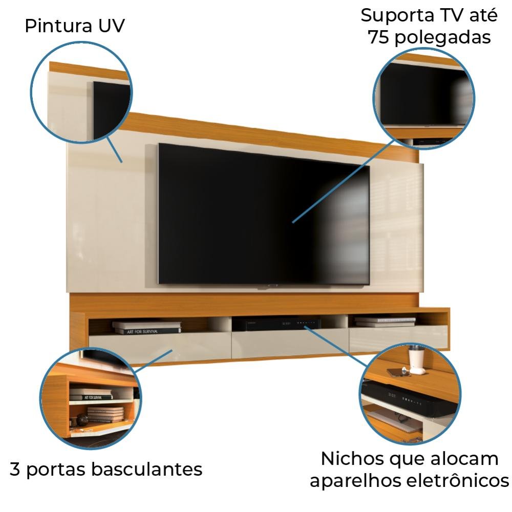 Painel para TV até 75 Polegadas 2,00m Savanna Off White / Cedro ...