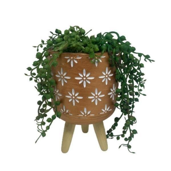 Vaso Cimento Rose Gold Tripé De Madeira, Com Planta | MadeiraMadeira