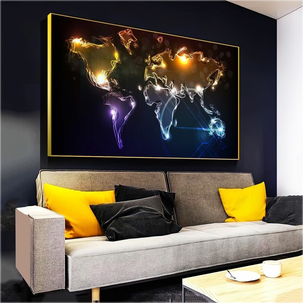 Quadro Mapa Mundo Moderno Abstrato:120x80 cm/PRETA | MadeiraMadeira