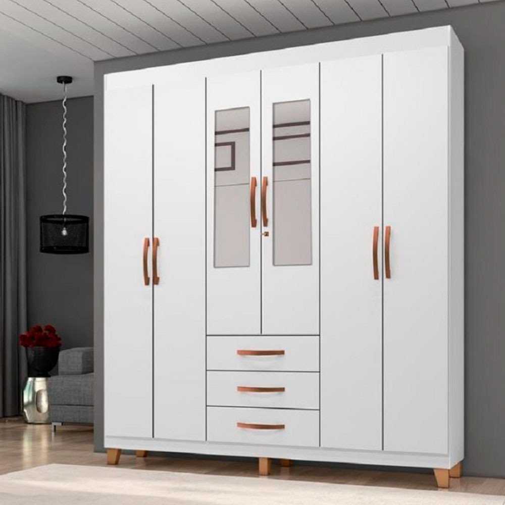 Guarda Roupa Casal Paricá em MDF 6 Portas 3 Gavetas com Espelho e Pés ...
