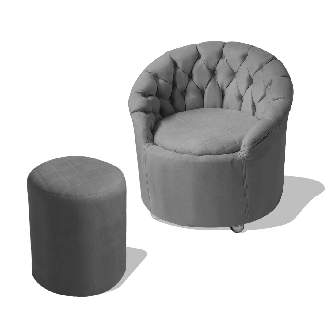 Kit Decorativo Poltrona + Puff Redondo Perola Suede Cinza | MadeiraMadeira