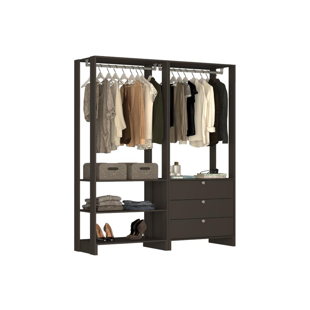 Estante Closet Yes com 3 Gavetas e 2 Cabideiros - Grafite | MadeiraMadeira