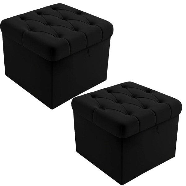 Kit 2 Puffs Baú Capitonê Suede Preto 51x51x50 | MadeiraMadeira