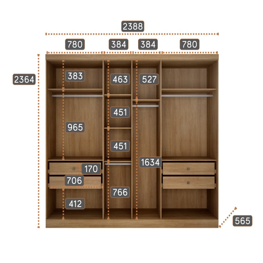 Modulo de Casal Safira para Guarda Roupa em Mdf com 6 Portas e 4 ...