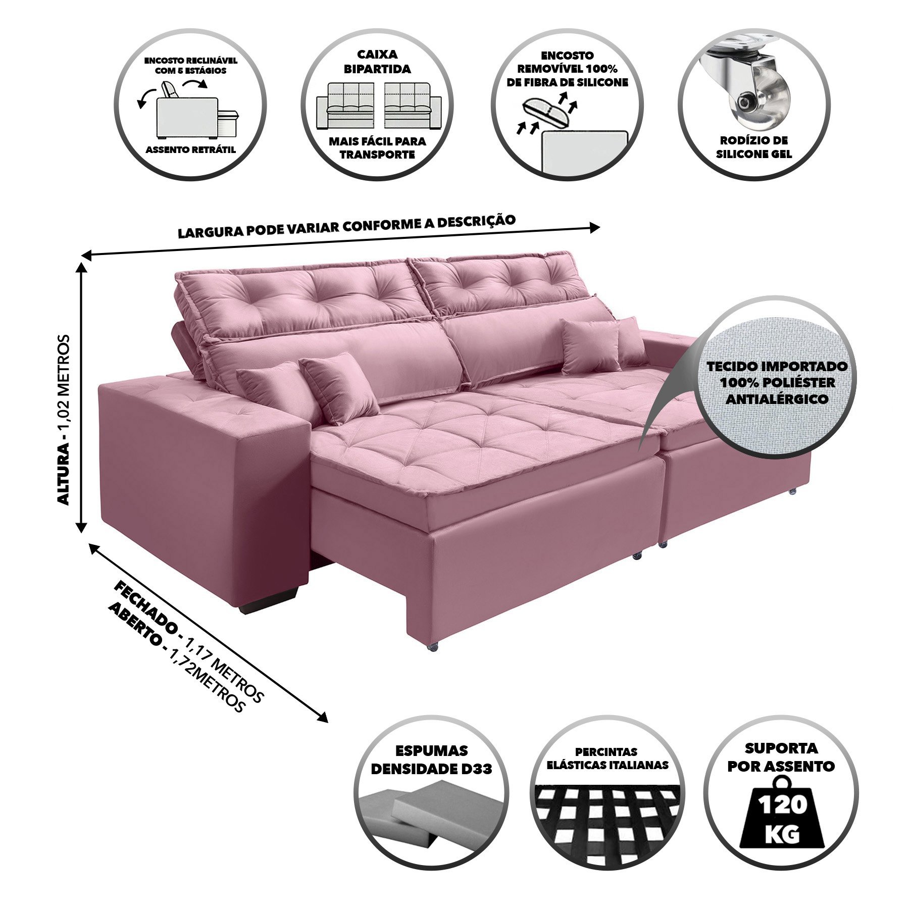 SOFÁ VENEZA RETRATIL E RECLINAVEL 2,02 MTS SUEDE ROSA SD ESTOFADOS | MadeiraMadeira