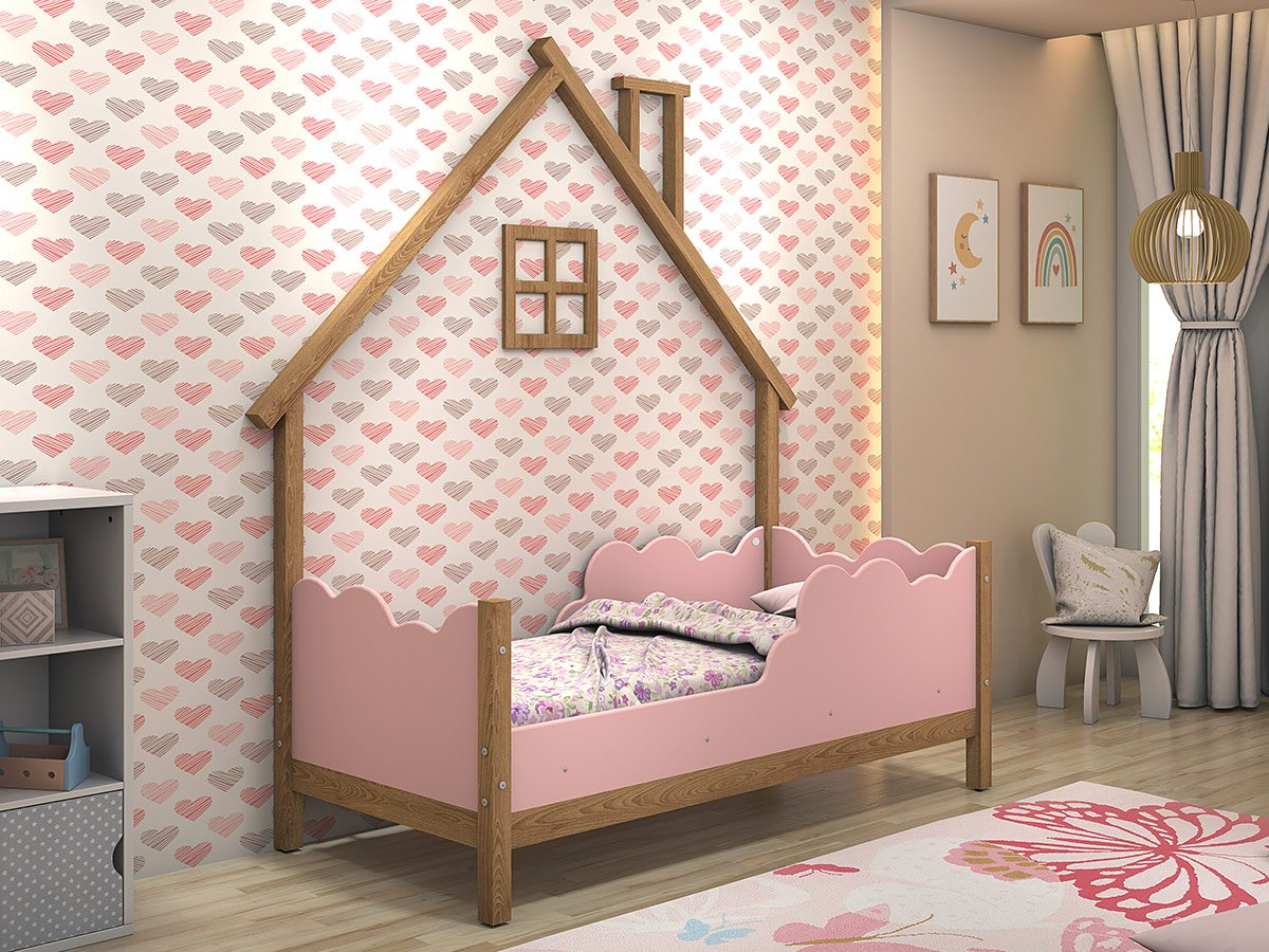 Cama Infantil Cristal Com Chaminé e Janela Rosa | MadeiraMadeira