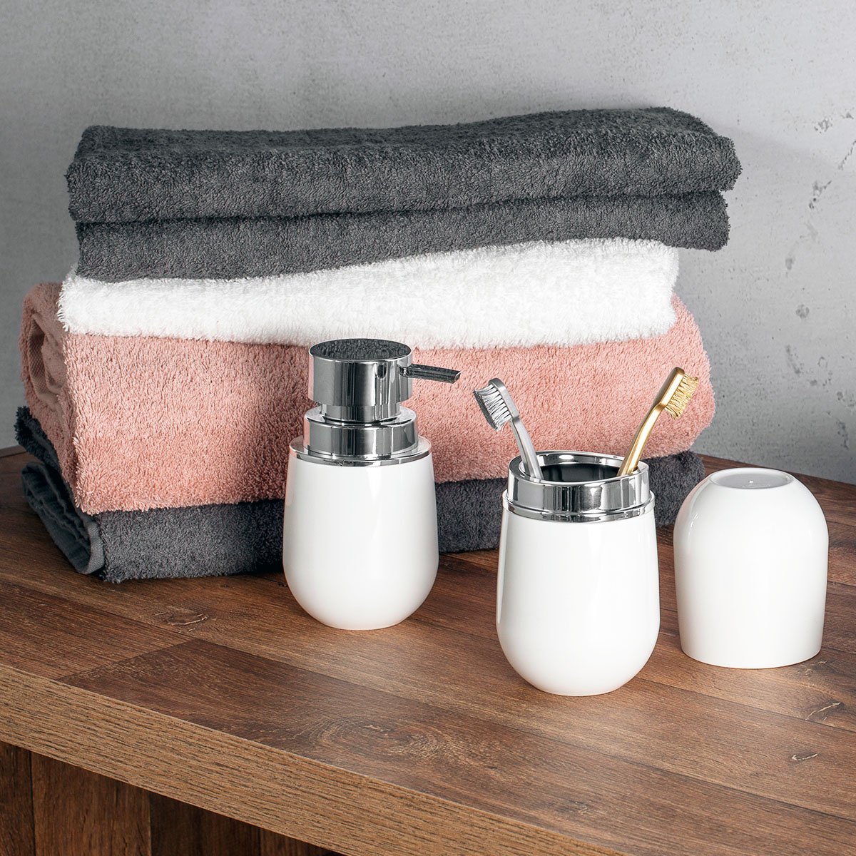 Kit Banheiro Lavabo Porta Escova e Sabonete Líquido Cinza | MadeiraMadeira
