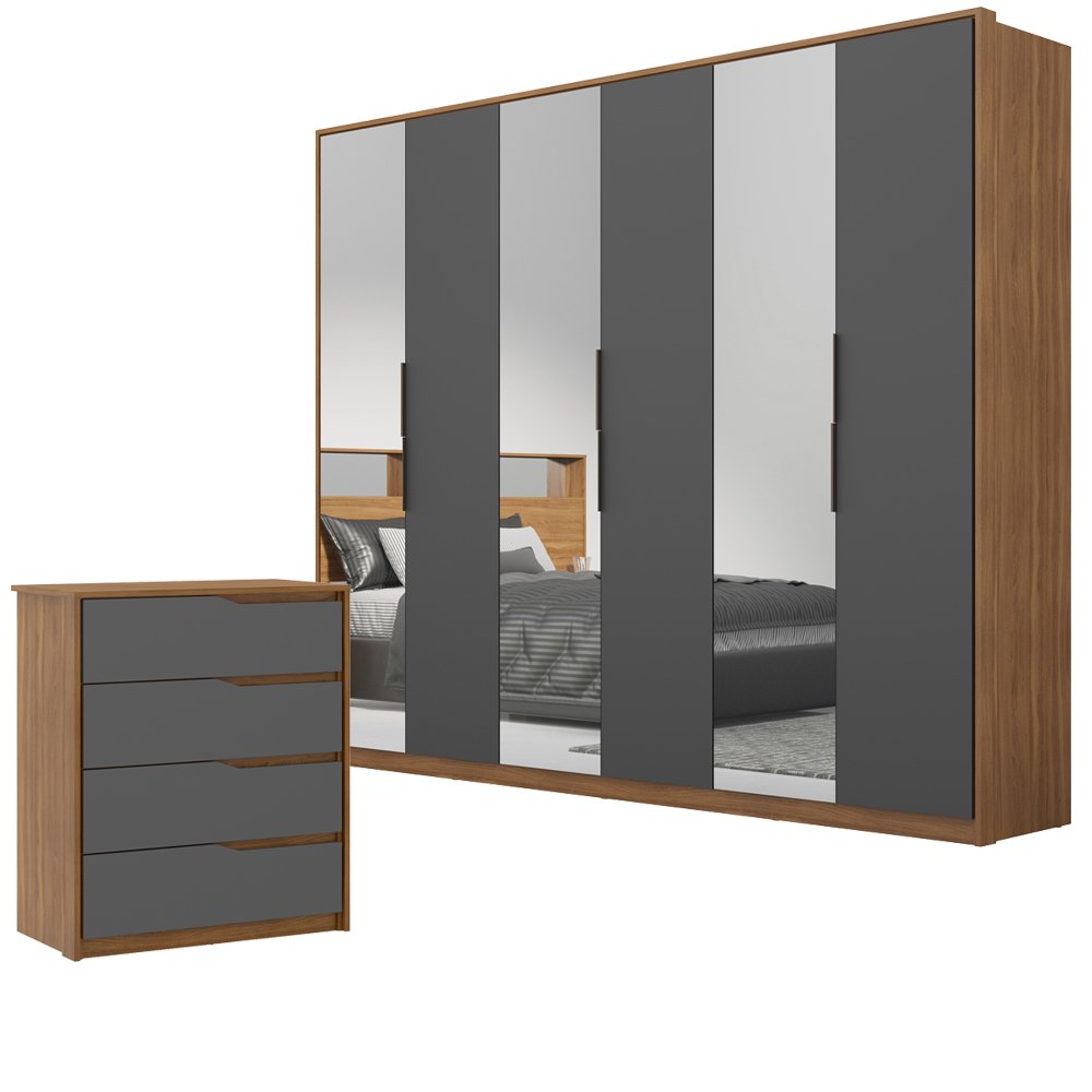 Guarda Roupa Casal 6 Portas 3 Espelhos Atrice e Cômoda Átria 4 Gavetas ...