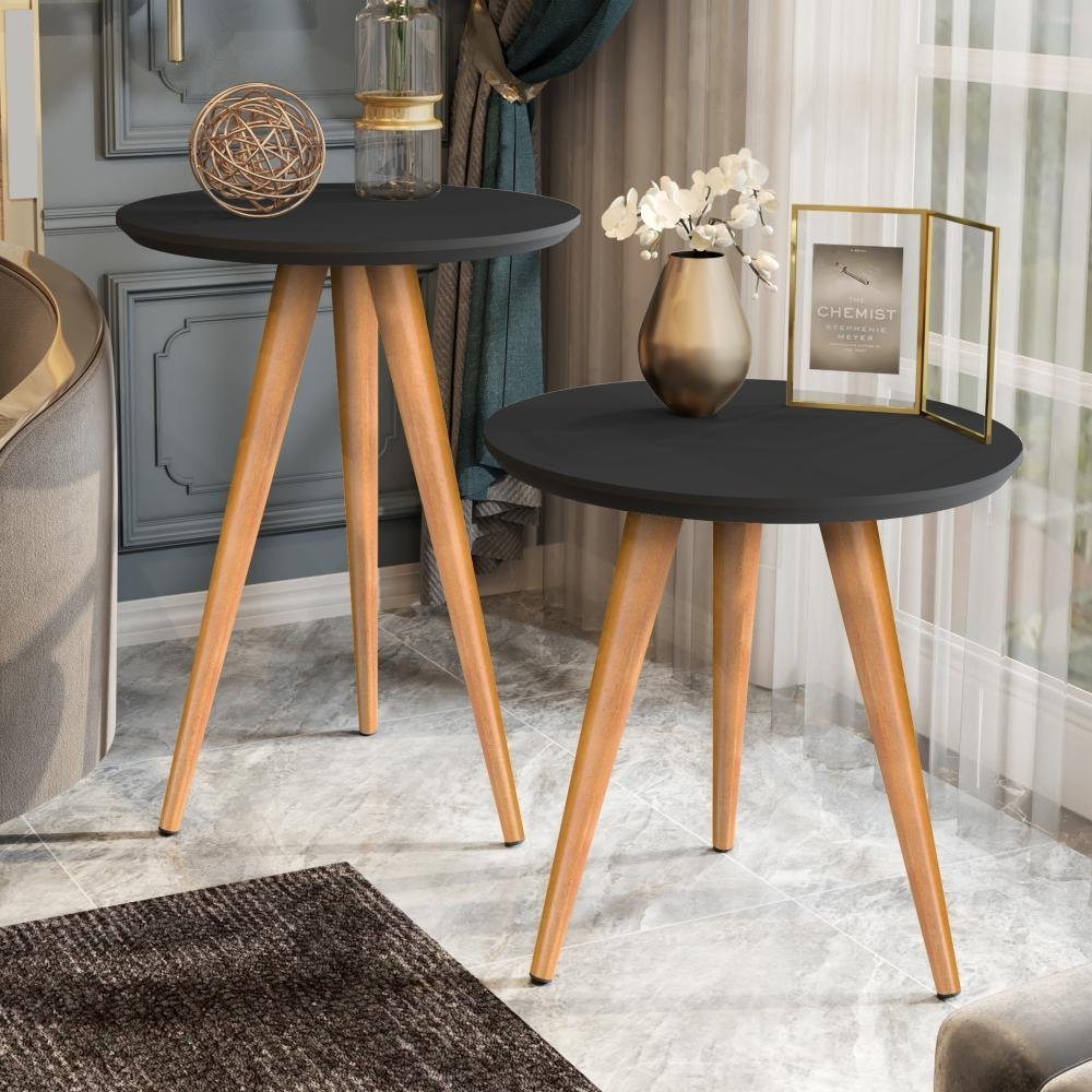 Conjunto Mesa Apoio Lateral Redonda Pés Palito Classic- Preto ...