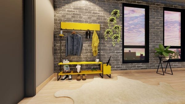 Sapateira e Cabideiro de Madeira e Ferro - Tendenci - Pegasi - Amarelo ...