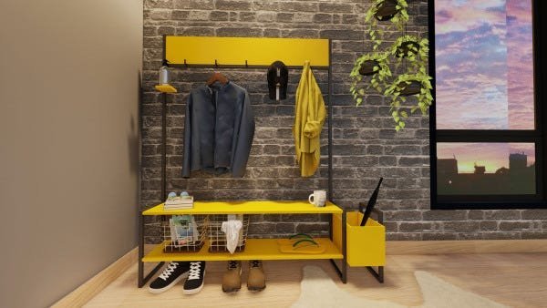 Sapateira e Cabideiro de Madeira e Ferro - Tendenci - Pegasi - Amarelo ...